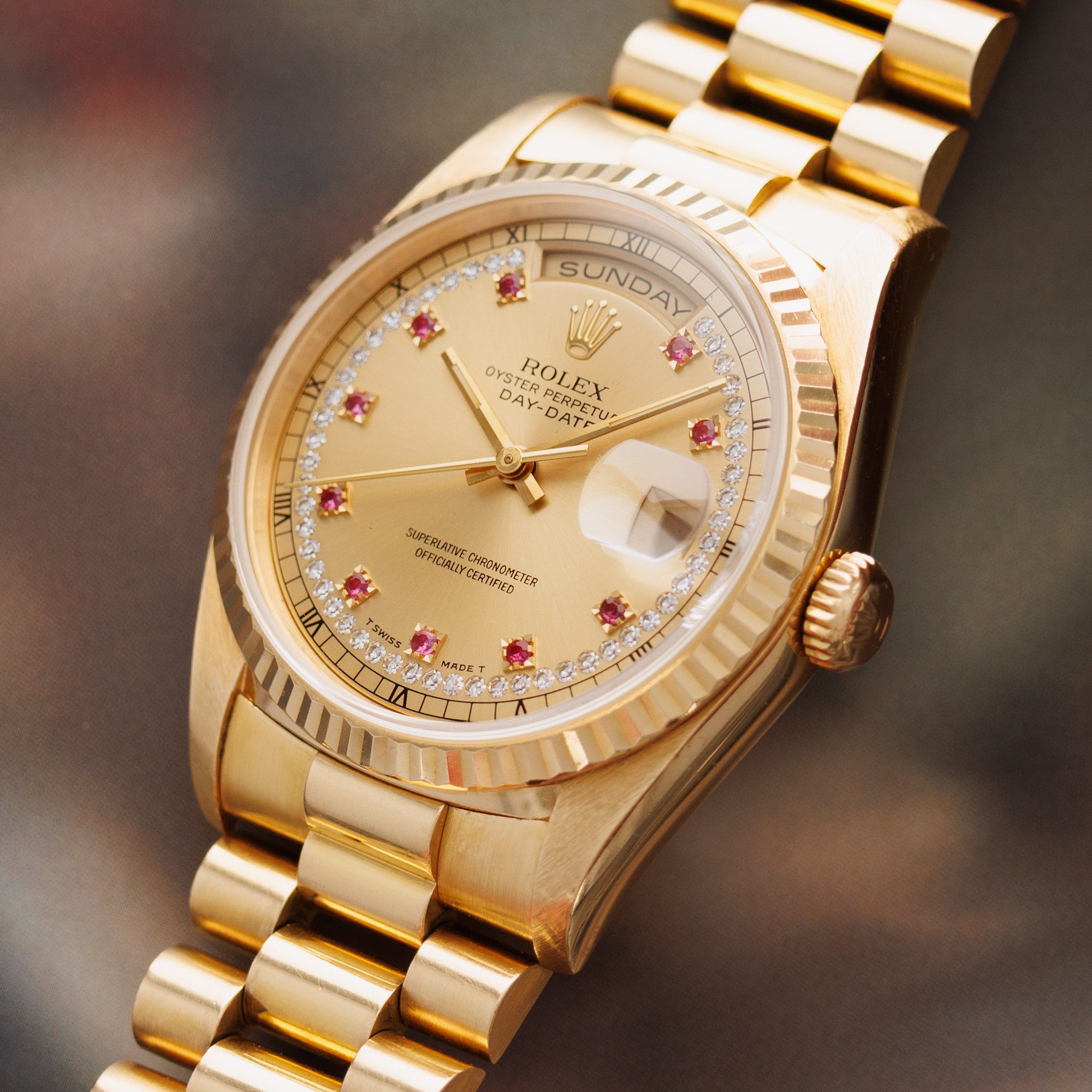 ROLEX YELLOW GOLD DAY DATE REF. 18238 WITH RUBY STRING DIAL - Rolex ...